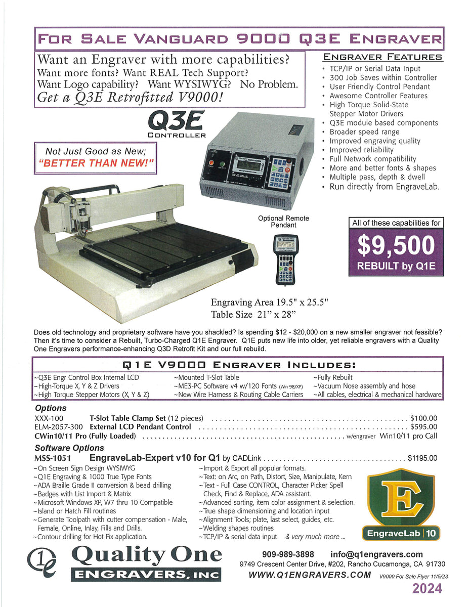 PDF File Vanguard 9000 Used Engraver For Sale w New Q1E Q3E Controller – Quality One Engravers, INC