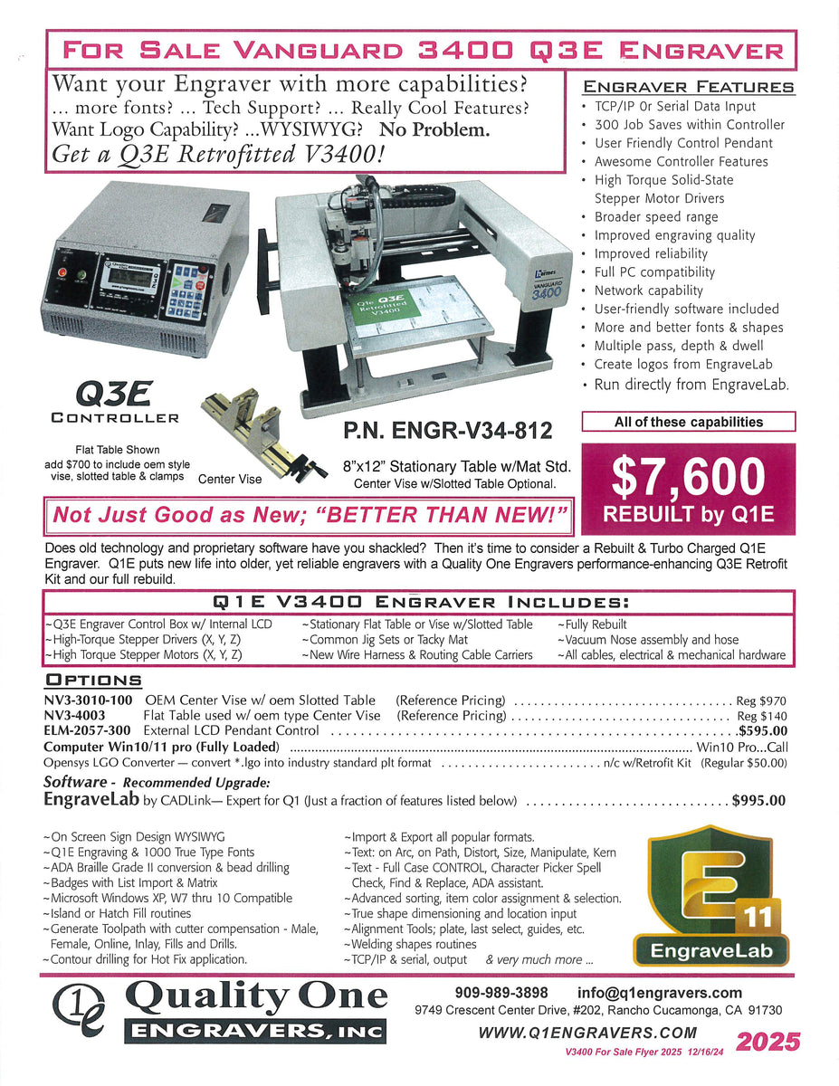 Vanguard 3400 Engraver with Q1e Q3E Controller – Quality One Engravers, INC
